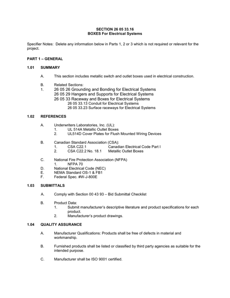 SECTION 26 05 33.16 BOXES For Electrical Systems