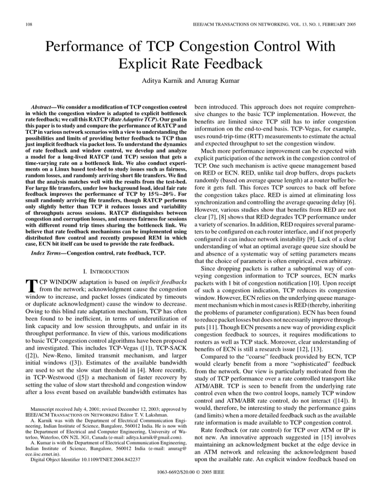 Performance Of Tcp Congestion Control With Explicit Rate Feedback