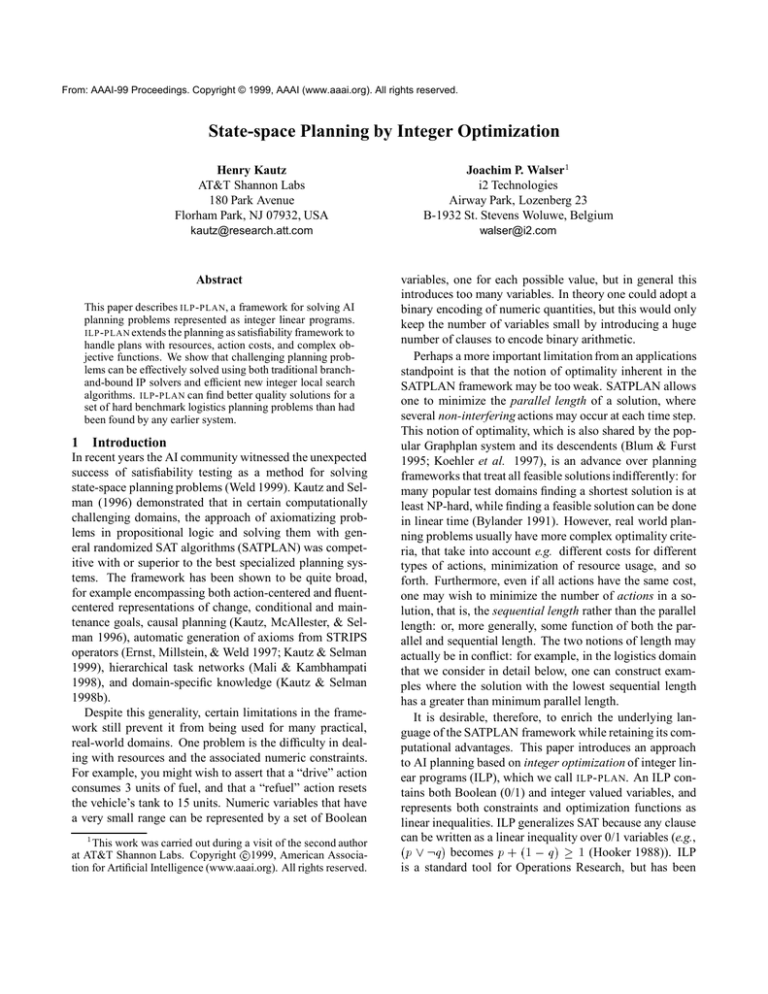 State space Planning By Integer Optimization State space Planning By Integer Optimization
