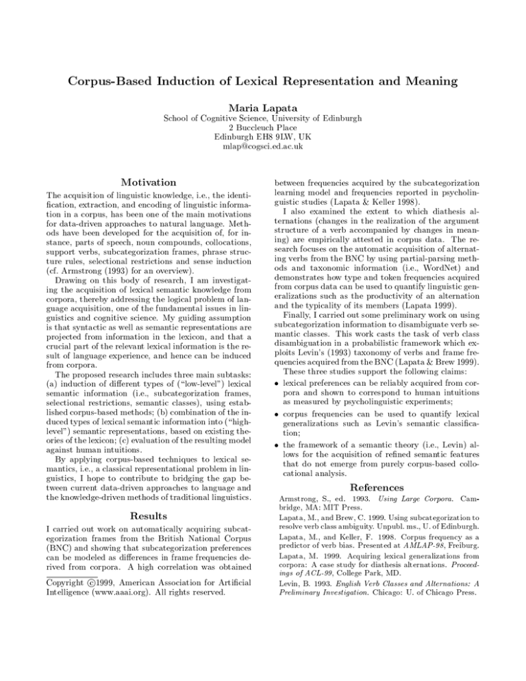 Corpus Based Induction Of Lexical