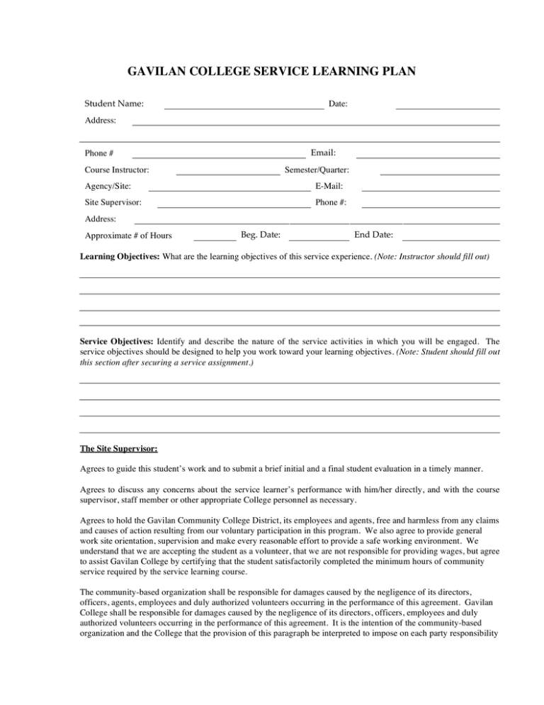 GAVILAN COLLEGE SERVICE LEARNING PLAN