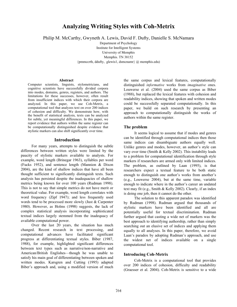 Analyzing Writing Styles with Coh-Metrix
