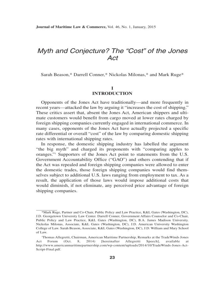 Myth and Conjecture? The “Cost” of the Jones Act