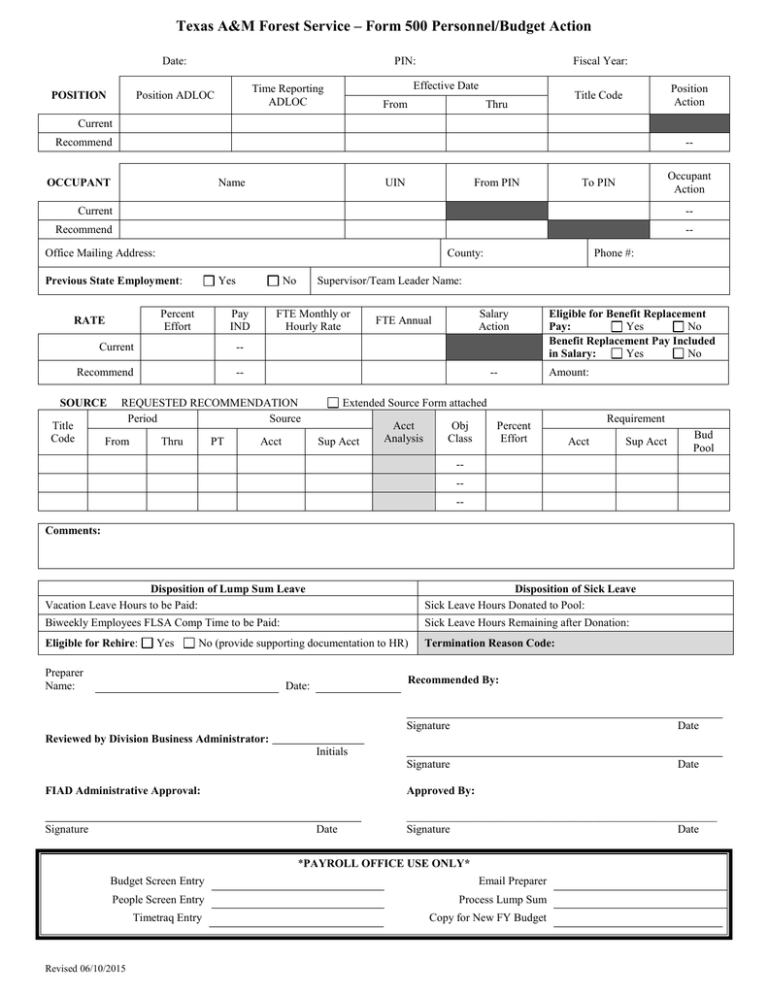 Texas A&M Forest Service – Form 500 Personnel/Budget Action