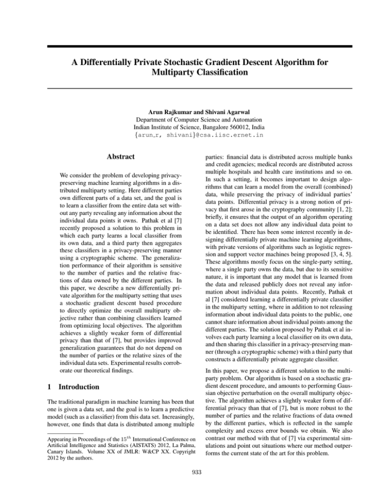 A Differentially Private Stochastic Gradient Descent Algorithm for ... A Differentially Private Stochastic Gradient Descent Algorithm for ...