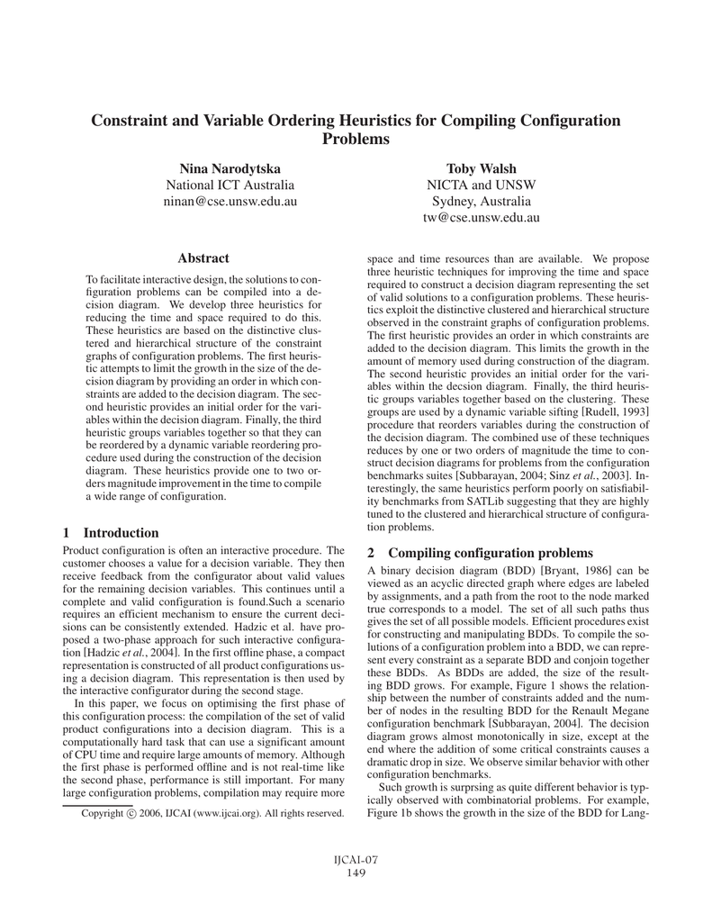 Constraint And Variable Ordering Heuristics For Compiling Configuration Problems Nina Narodytska