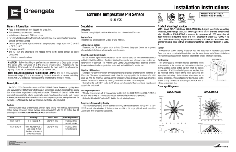 Installation Instructions Extreme Temperature PIR Sensor 10-30 VDC ...