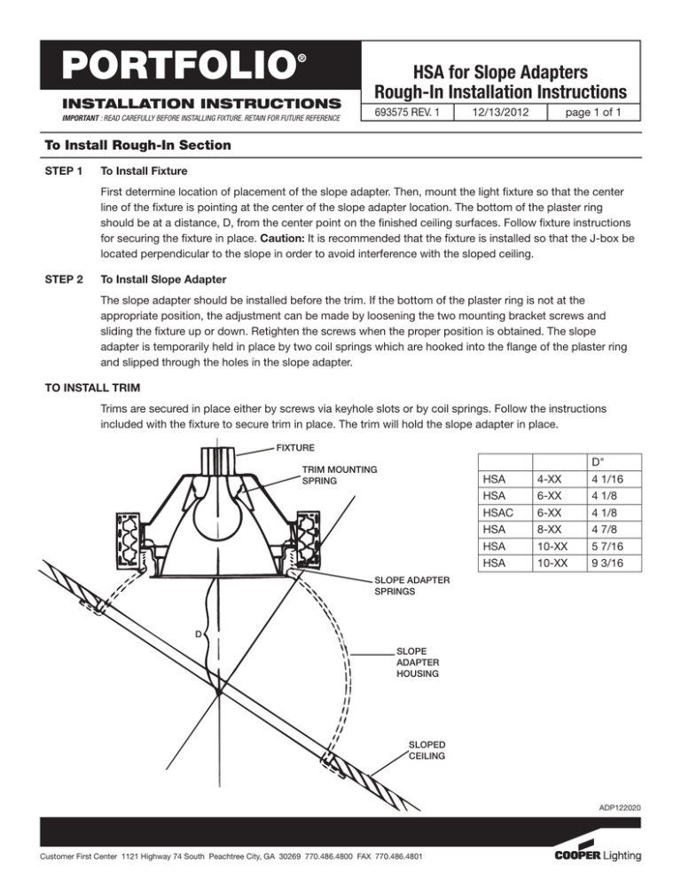 PORTFOLIO HSA for Slope Adapters Rough-In Installation Instructions ...