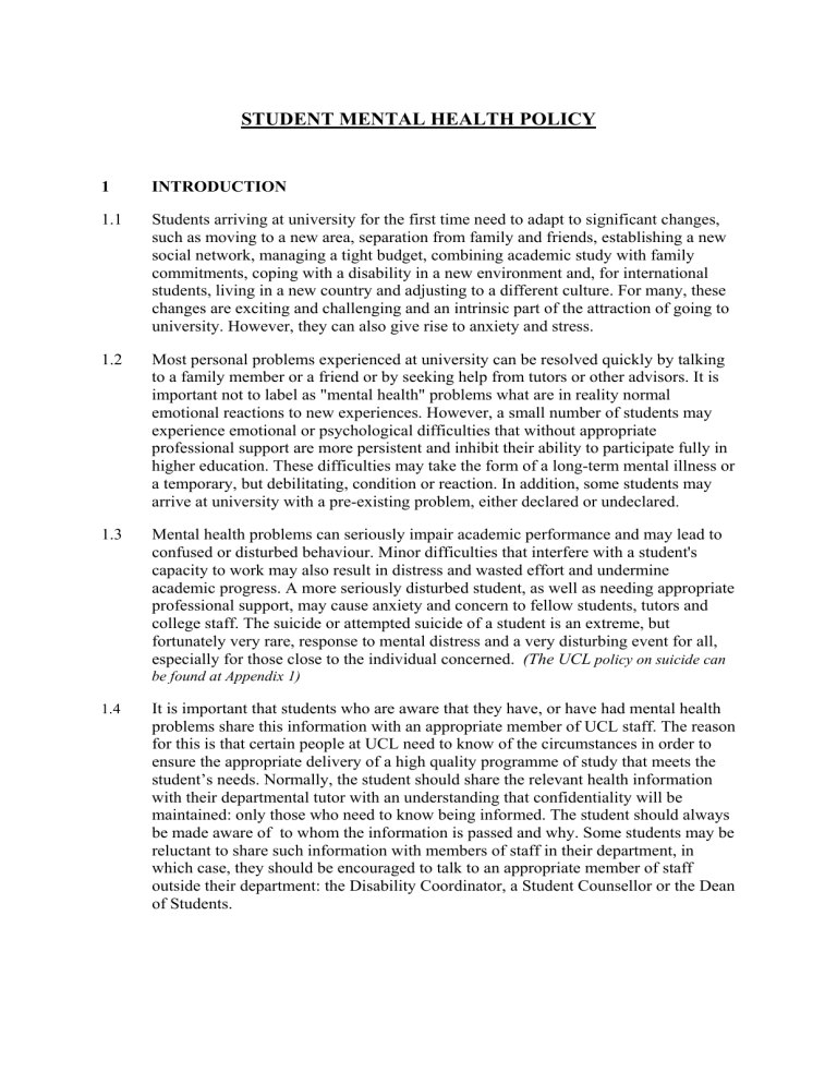 STUDENT MENTAL HEALTH POLICY STUDENT MENTAL HEALTH POLICY