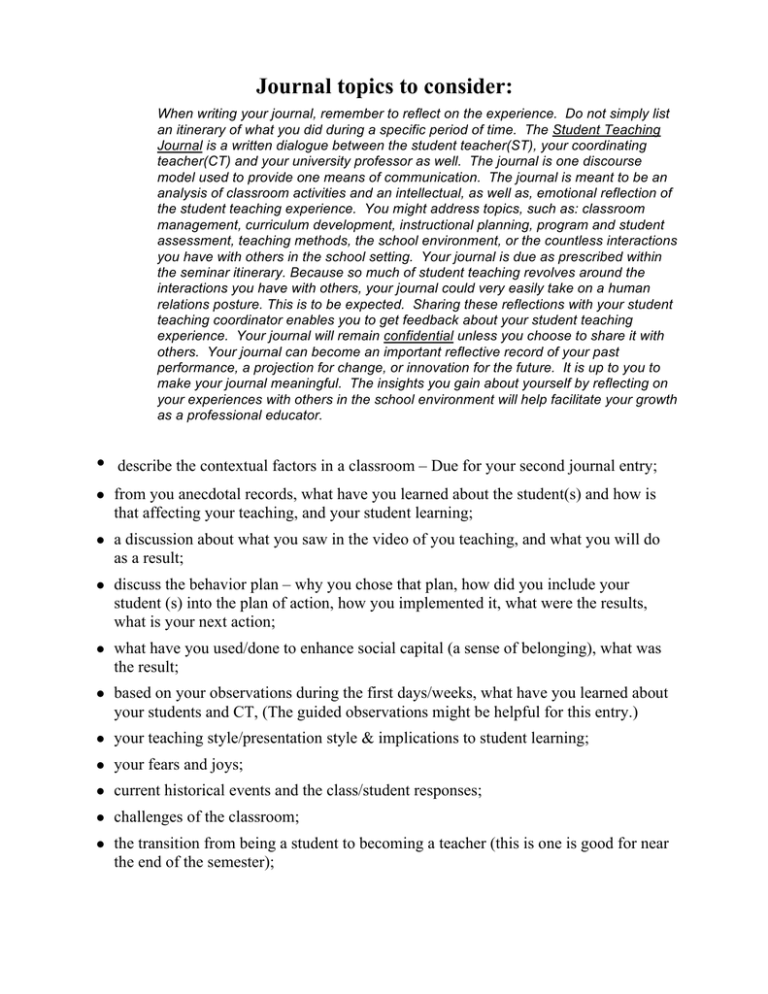 Journal Topics To Consider Journal Topics To Consider