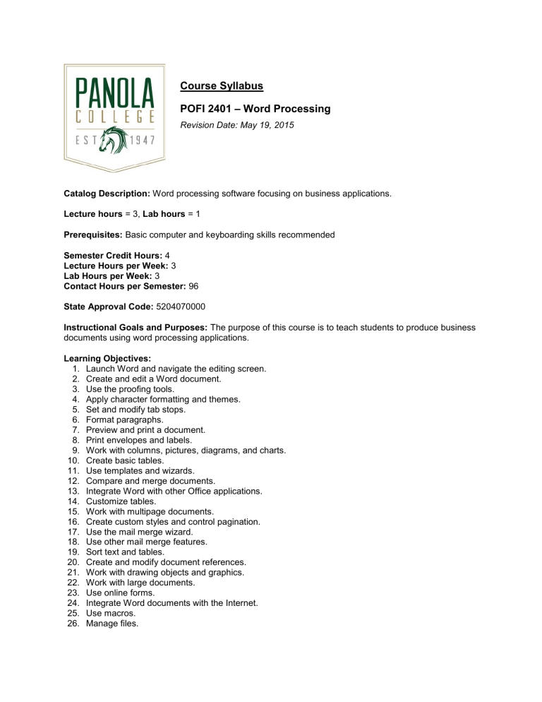 Course Syllabus Word Processing POFI 2401