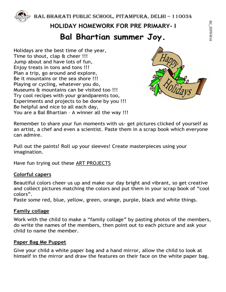  Bal Bhartian Summer Joy HOLIDAY HOMEWORK FOR PRE PRIMARY I