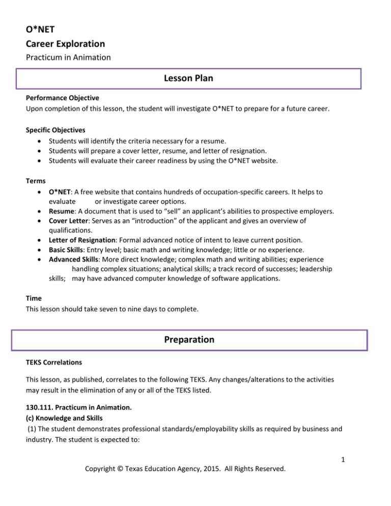 O*NET Career Exploration Lesson Plan Practicum in Animation