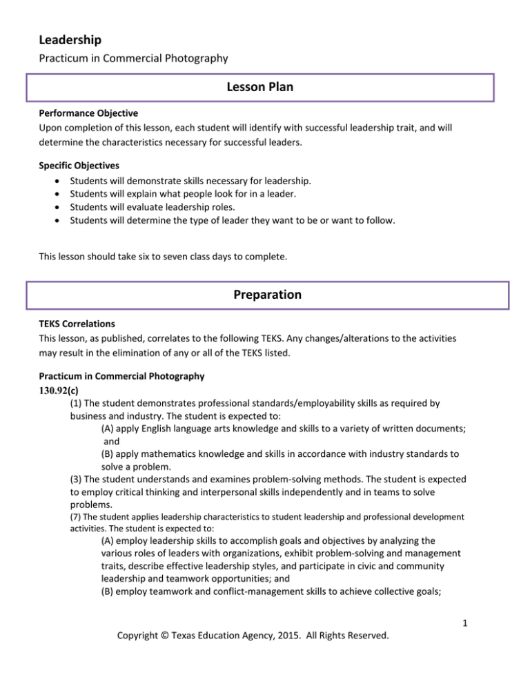 Leadership Lesson Plan Practicum in Commercial Photography