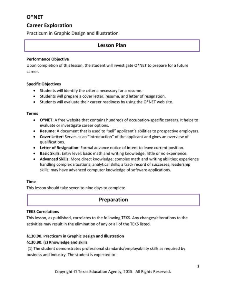 O*NET Career Exploration Lesson Plan Practicum in Graphic Design and ...