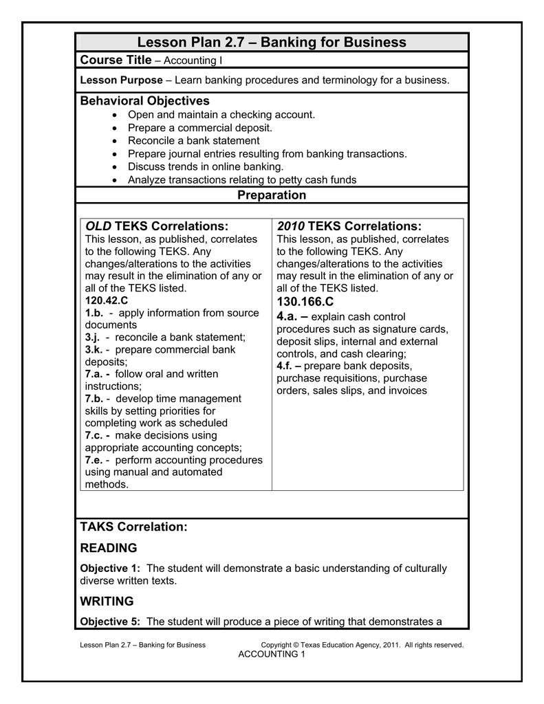 Banking For Business Lesson Plan 2 7 Course Title Behavioral Objectives