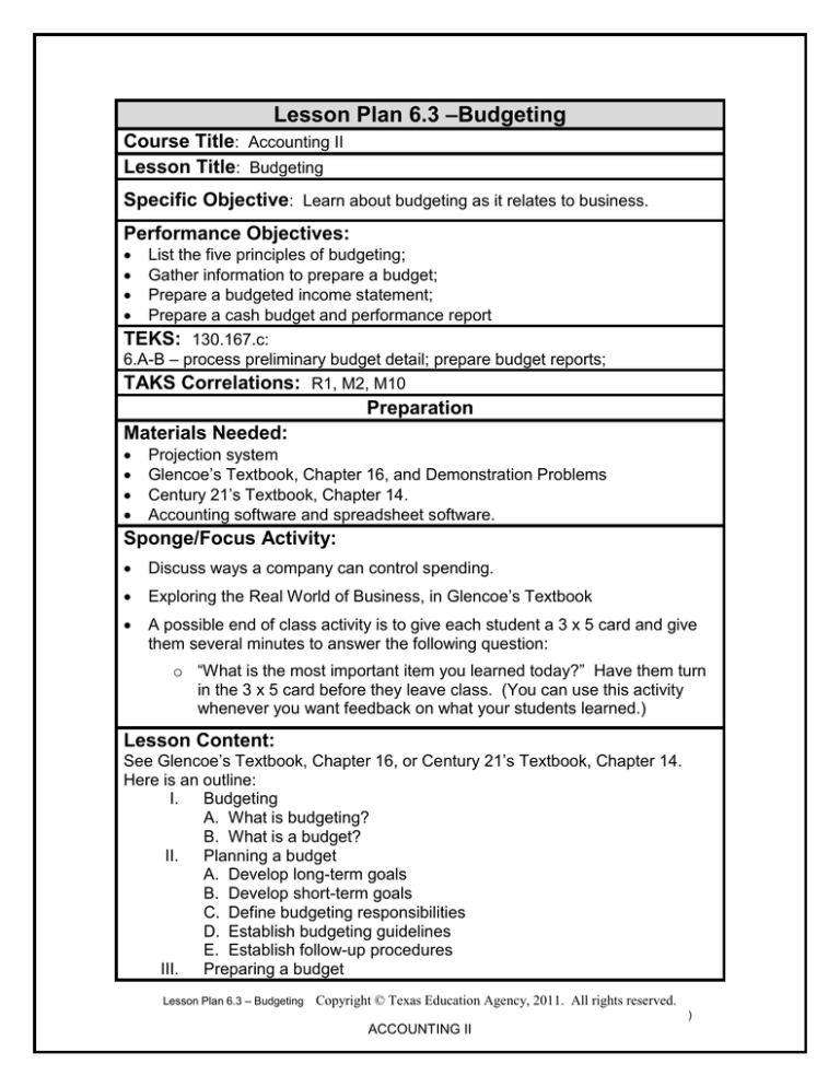  Budgeting Lesson Plan 6 3 Course Title Lesson Title