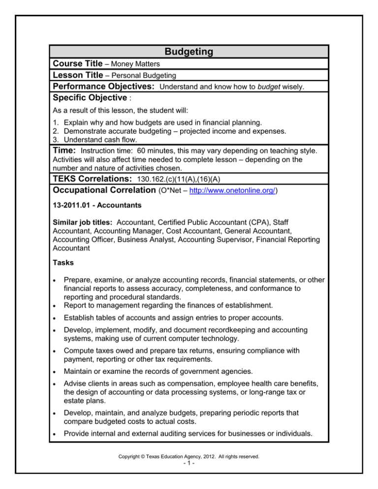 Budgeting Course Title Lesson Title Performance Objectives Budgeting Course Title Lesson Title Performance Objectives
