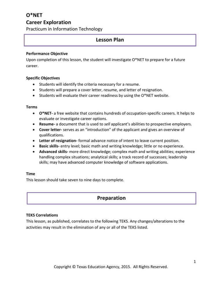 O*NET Career Exploration Lesson Plan Practicum in Information Technology