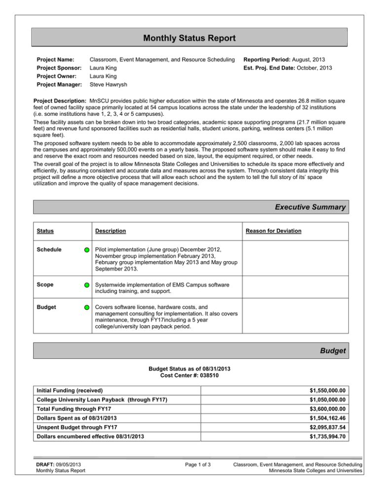 Monthly Status Report Monthly Status Report