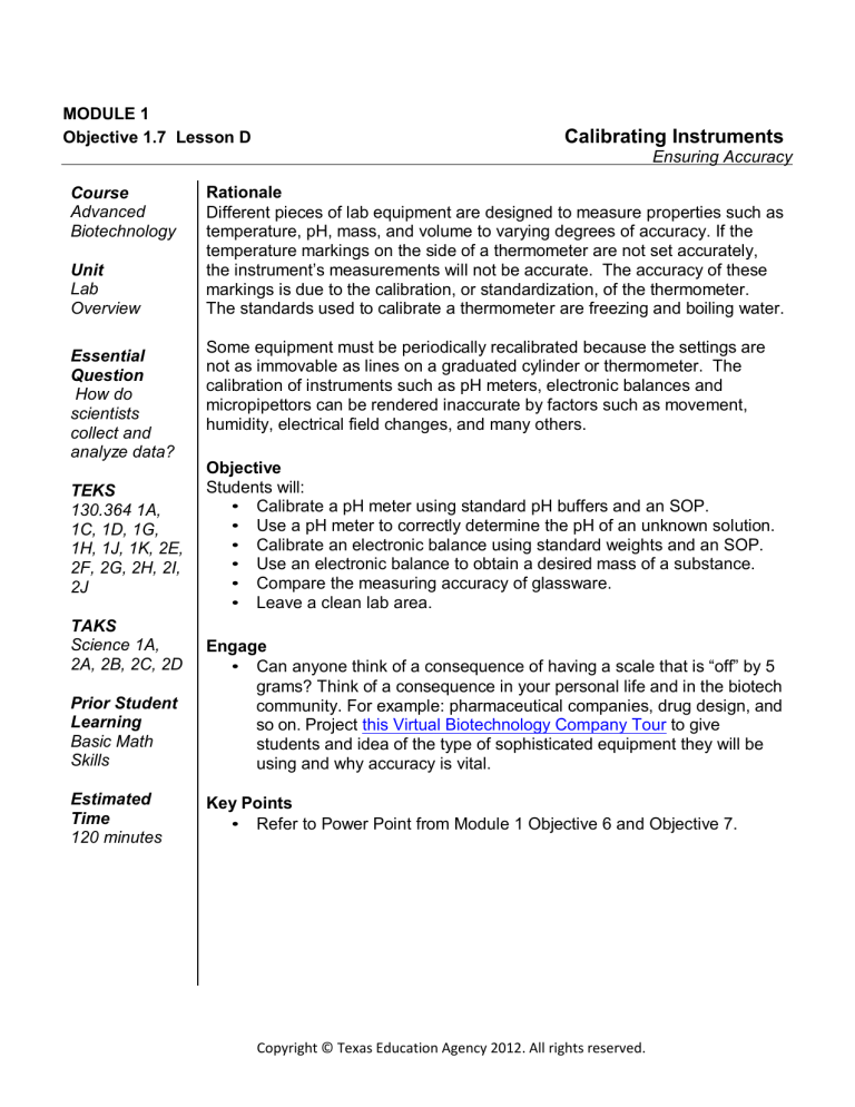 Calibrating Instruments Calibrating Instruments