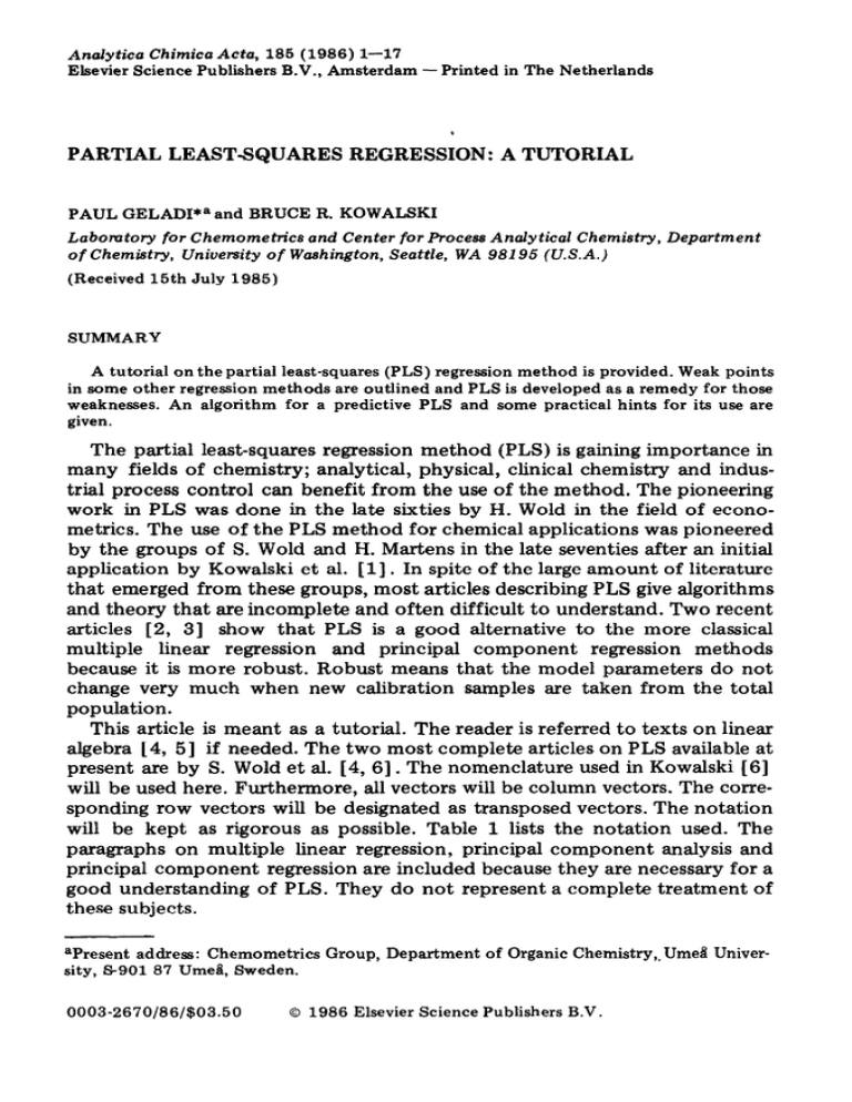 PARTIAL LEAST SQUARES REGRESSION A TUTORIAL