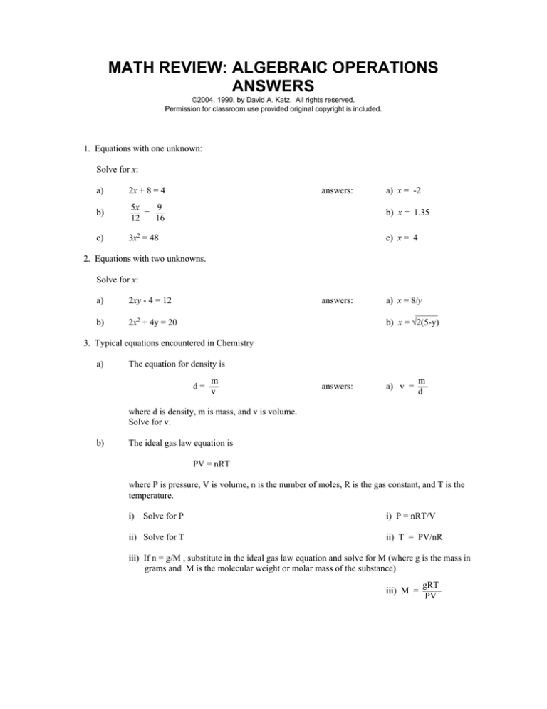 MATH REVIEW ALGEBRAIC OPERATIONS ANSWERS MATH REVIEW ALGEBRAIC OPERATIONS ANSWERS