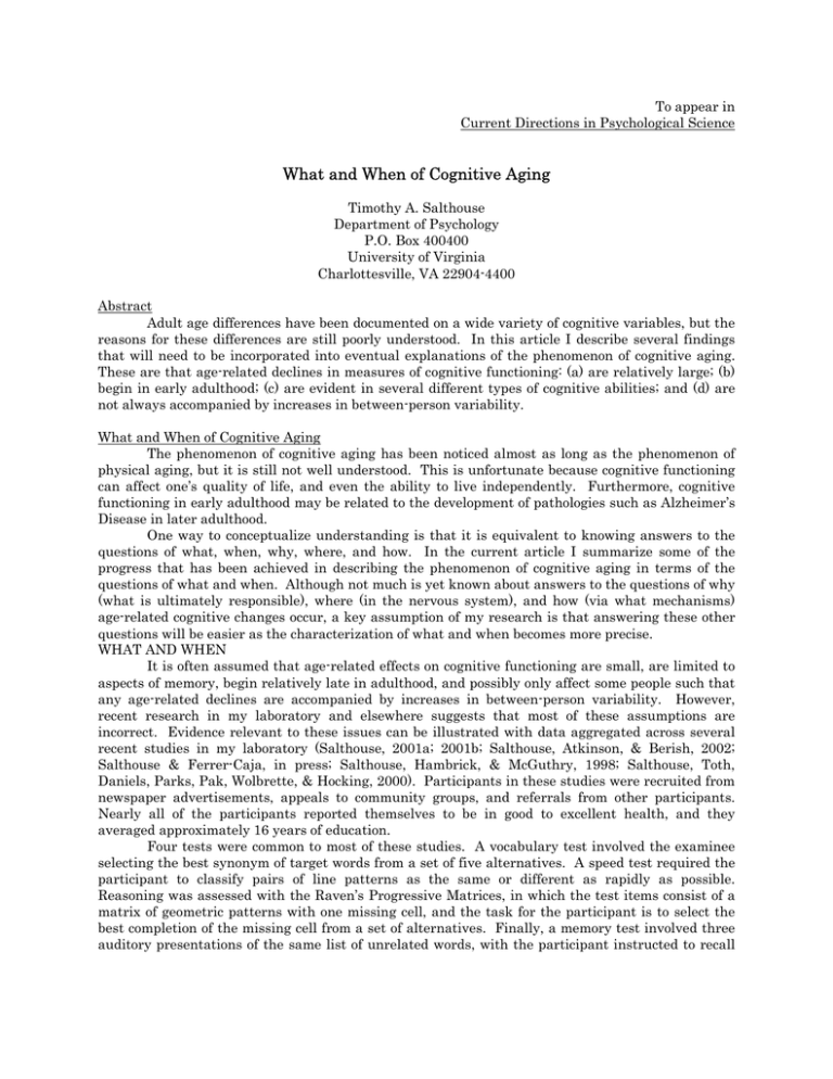 What And When Of Cognitive Aging What And When Of Cognitive Aging