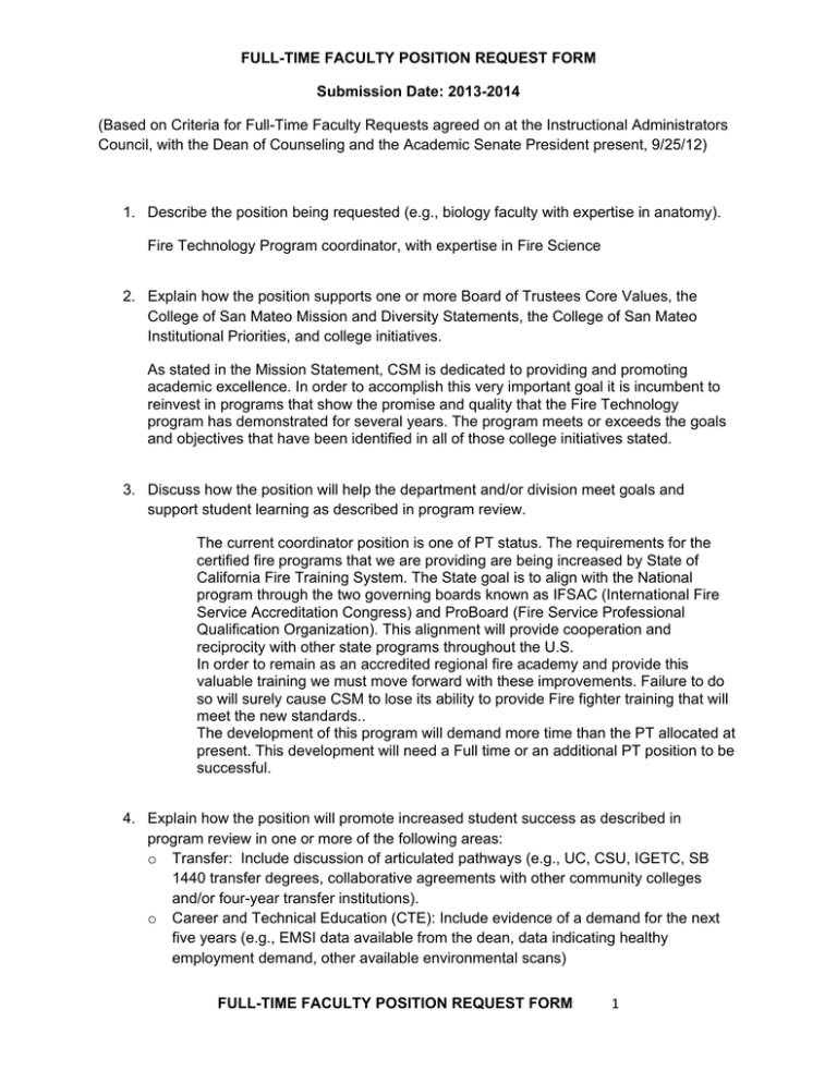 FULL-TIME FACULTY POSITION REQUEST FORM Submission Date: 2013-2014