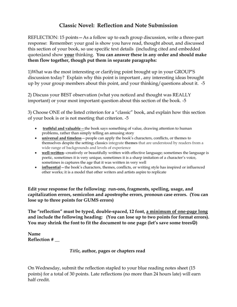 Classic Novel Reflection And Note Submission