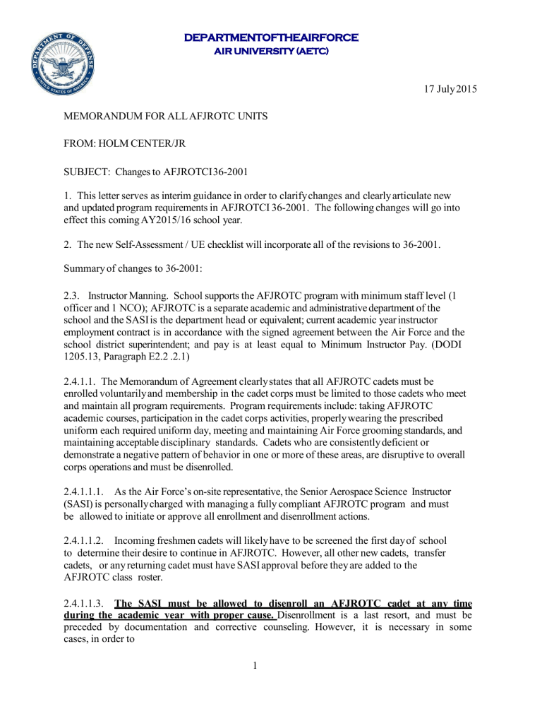 DEPARTMENTOFTHEAIRFORCE 17 July 2015 MEMORANDUM FOR ALL AFJROTC UNITS