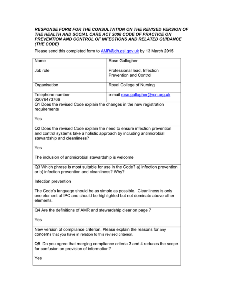 RESPONSE FORM FOR PREVENTION AND CONTROL OF INFECTIONS AND RELATED GUIDANCE