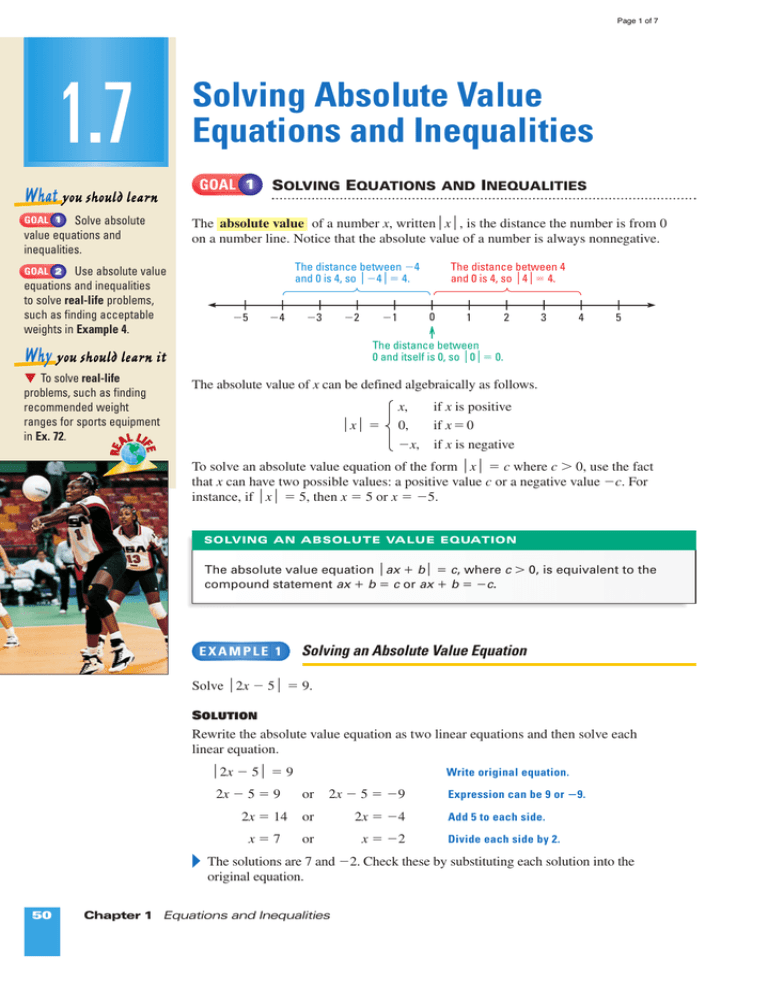 1 7 Solving Absolute Value Equations And Inequalities What