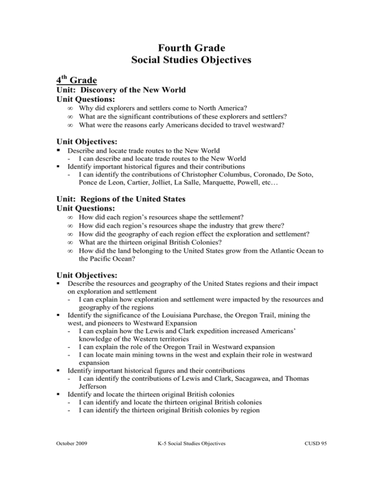 Fourth Grade Social Studies Objectives 4 Grade Fourth Grade Social Studies Objectives 4 Grade