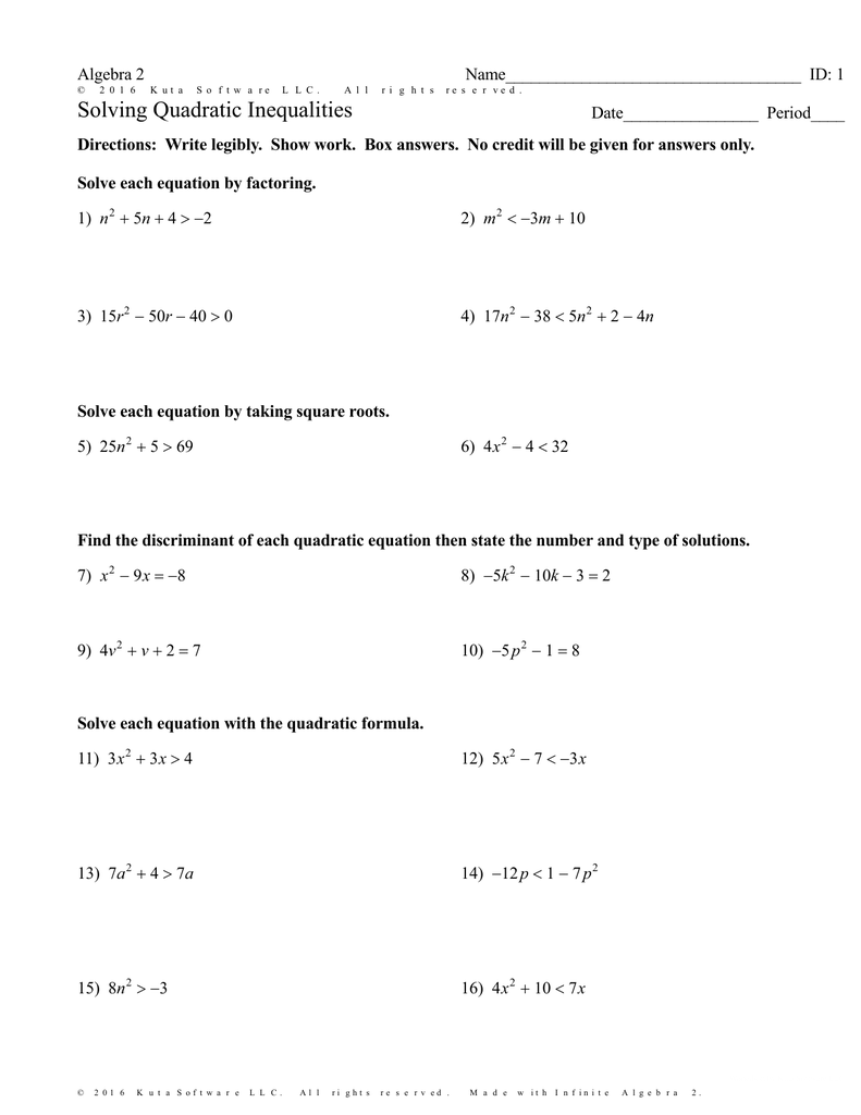 Solving Quadratic Inequalities Worksheet Kuta