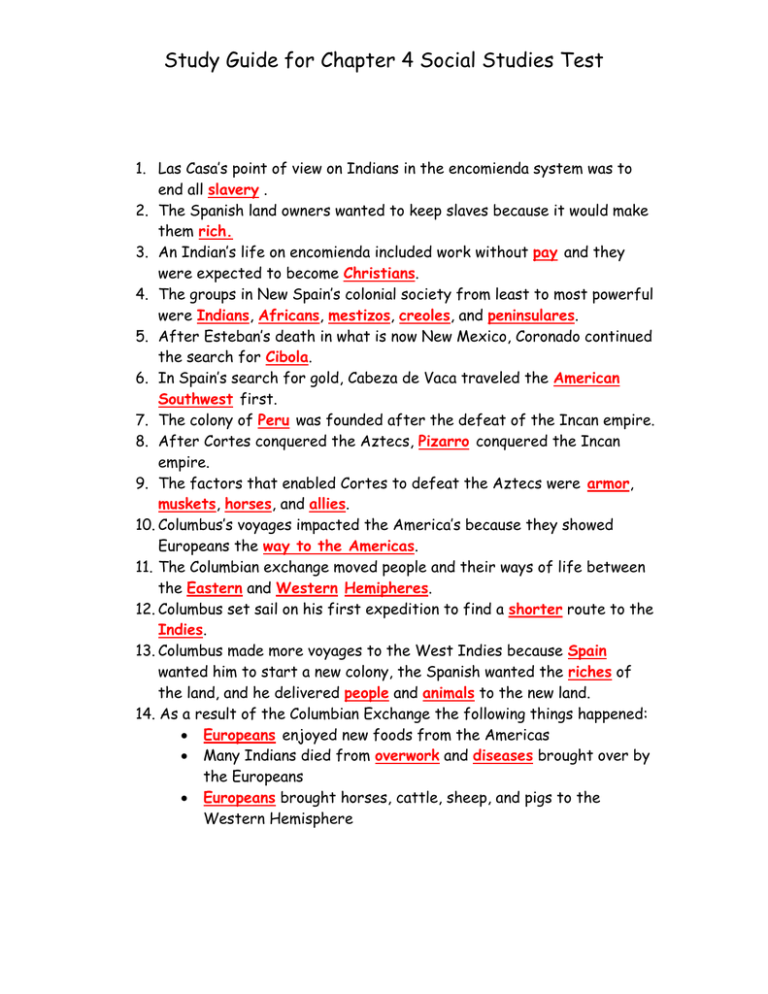Study Guide For Chapter 4 Social Studies Test Study Guide For Chapter 4 Social Studies Test