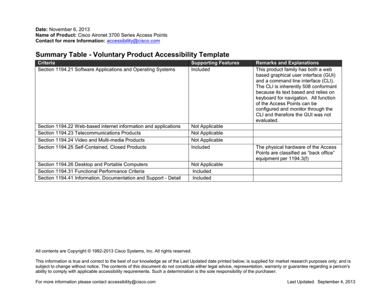 Summary Table Voluntary Product Accessibility Template