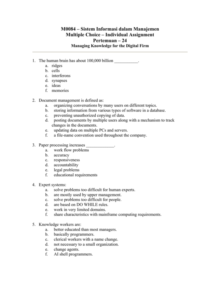 M0084 Sistem Informasi Dalam Manajemen Multiple Choice Individual M0084 Sistem Informasi Dalam Manajemen Multiple Choice Individual