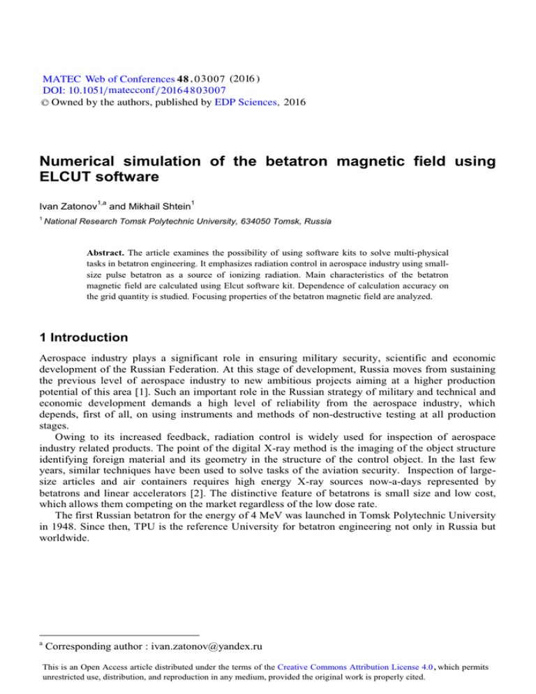 Numerical simulation of the betatron magnetic field using ELCUT software Numerical simulation of the betatron magnetic field using ELCUT software