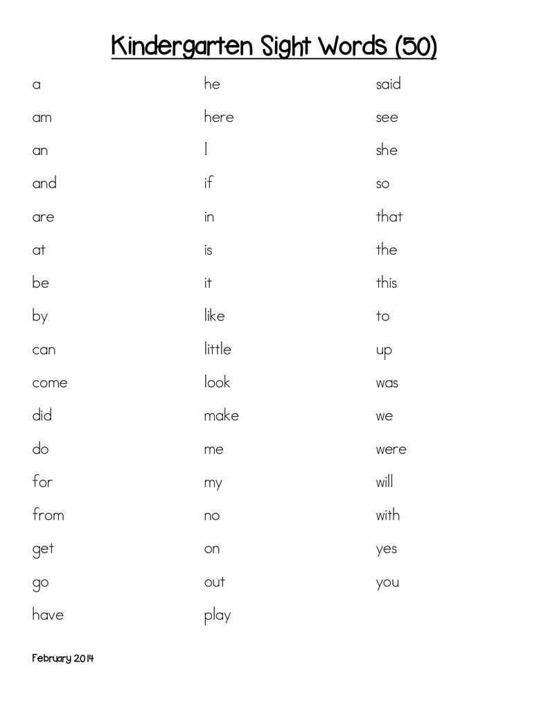 Kindergarten Sight Words 50 