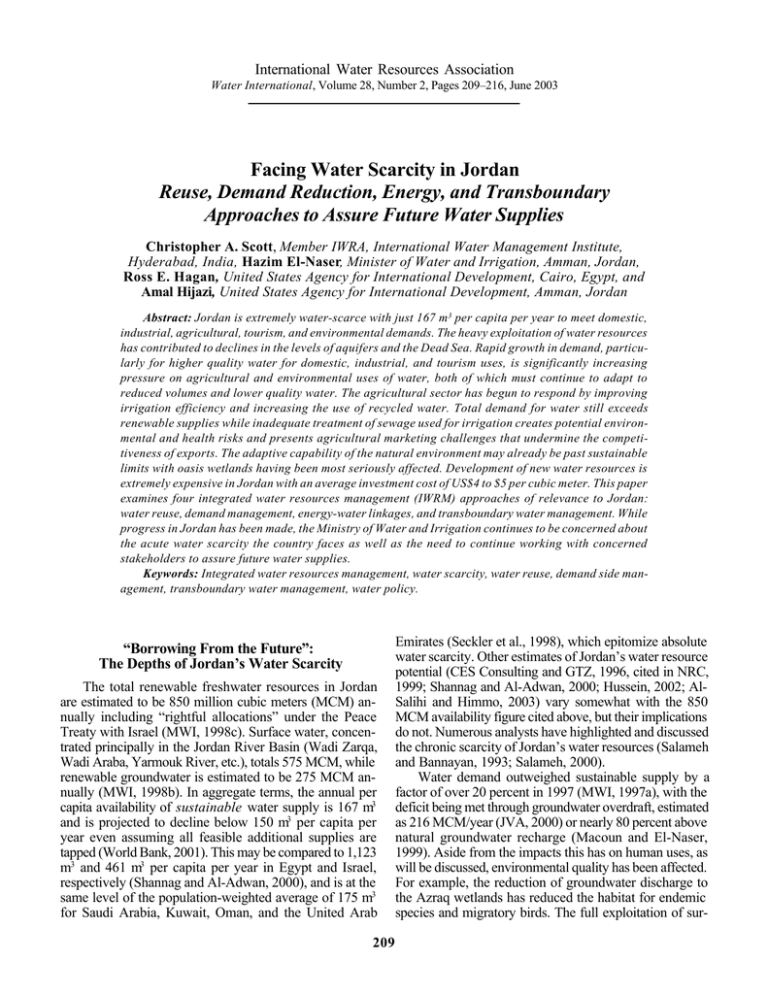 Facing Water Scarcity in Jordan Reuse, Demand Reduction, Energy, and ...