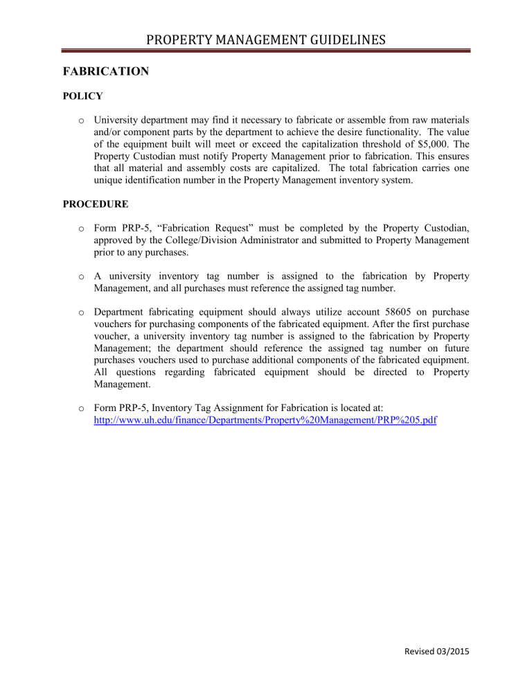 PROPERTY MANAGEMENT GUIDELINES FABRICATION