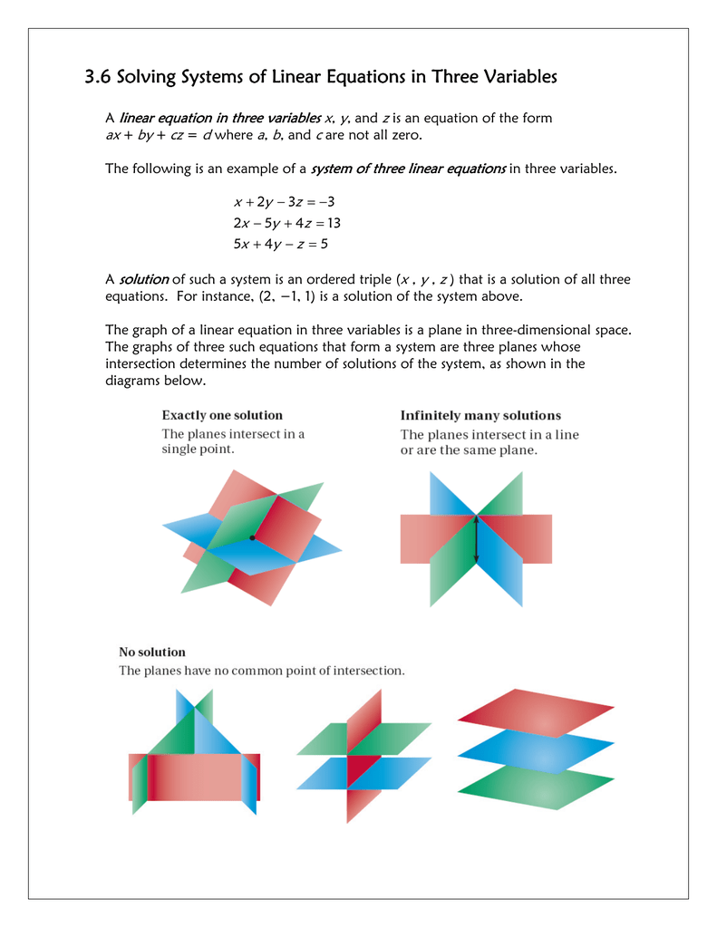 3 6 Solving Systems Of Linear Equations In Three Variables