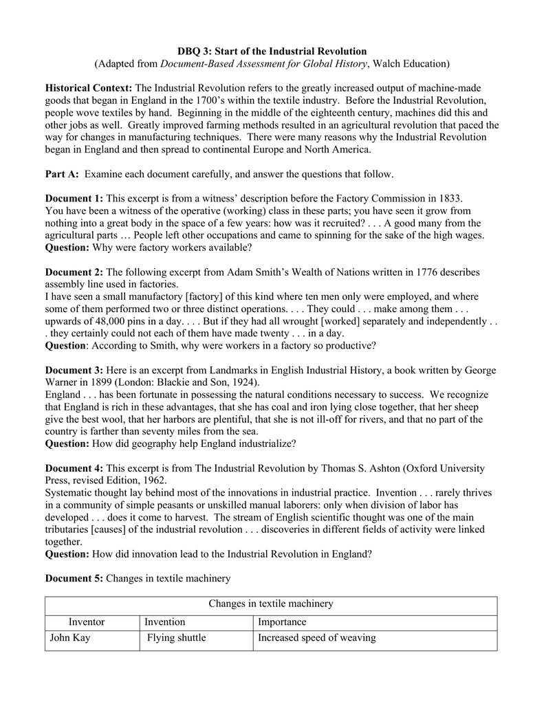 DBQ 3 Start Of The Industrial Revolution Historical Context 