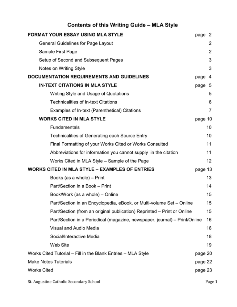 MLA Style Contents Of This Writing Guide