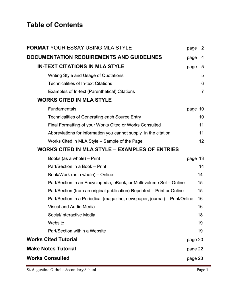 Mla Format Table Of Contents Sample Elcho Table