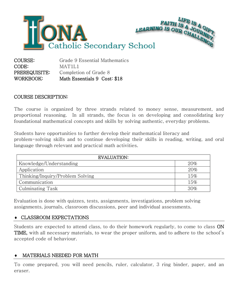 COURSE Grade 9 Essential Mathematics CODE 