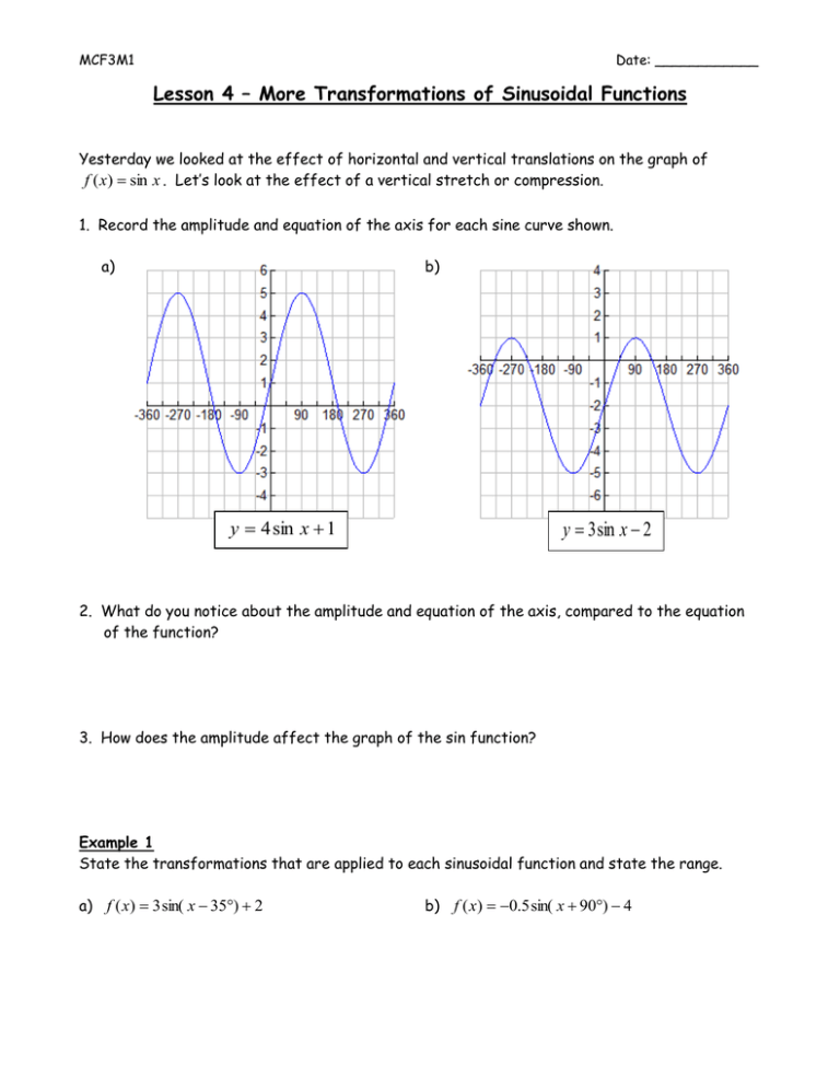Lesson 4 More Transformations Of Sinusoidal Functions