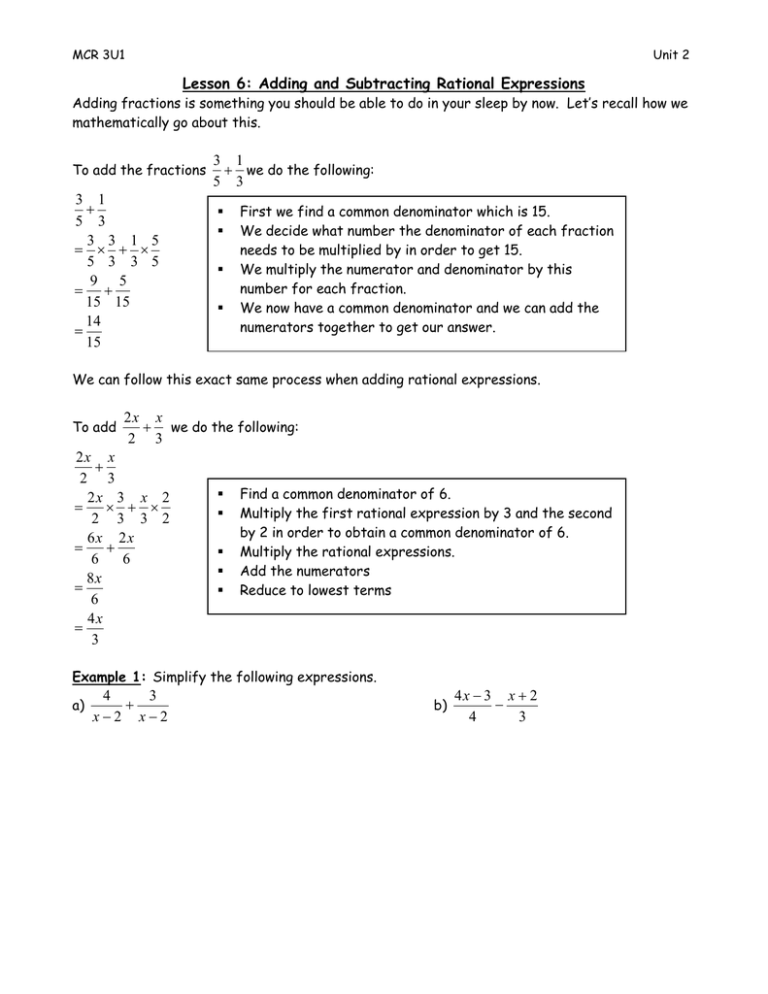 Lesson 6 Adding And Subtracting Rational Expressions