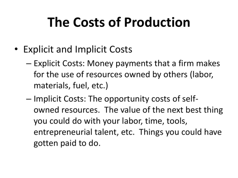 The Costs Of Production Explicit And Implicit Costs The Costs Of Production Explicit And Implicit Costs